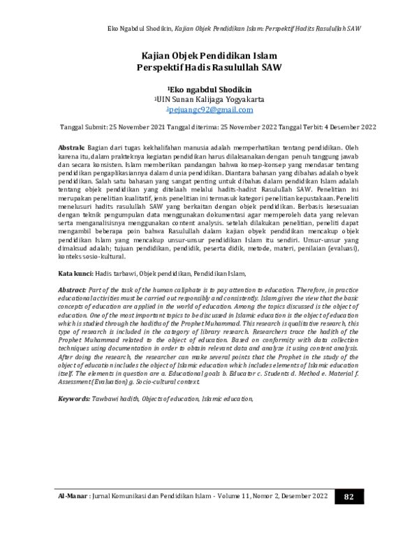 (PDF) Kajian Objek Pendidikan Islam: Perspektif Hadis Rasulullah SAW