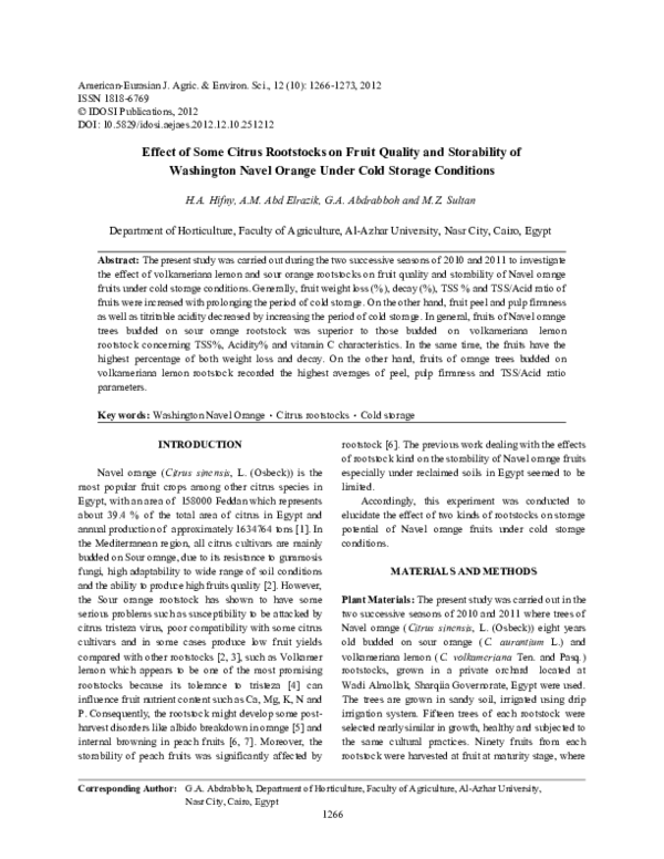 (PDF) Effect of Some Citrus Rootstocks on Fruit Quality and Storability ...