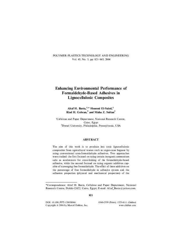 (PDF) Enhancing Environmental Performance of Formaldehyde-Based ...