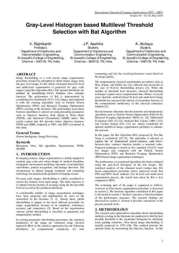 Pdf Gray Level Histogram Based Multilevel Threshold Selection With Bat Algorithm