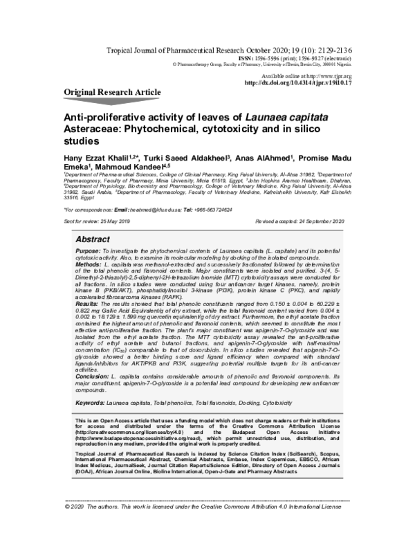 (PDF) Anti-proliferative activity of leaves of Launaea capitata ...