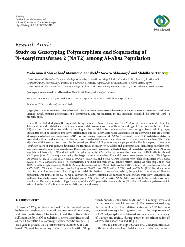 (PDF) Study on Genotyping Polymorphism and Sequencing of N-Acetyltransferase 2 (NAT2) among Al ...
