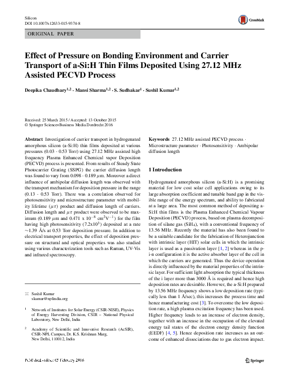 (PDF) Effect of Pressure on Bonding Environment and Carrier Transport ...