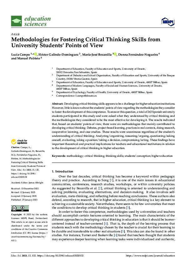 (PDF) Methodologies for Fostering Critical Thinking Skills from University Students’ Points of View