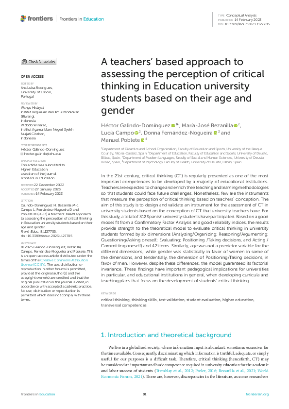 (PDF) A teachers’ based approach to assessing the perception of critical thinking in Education ...