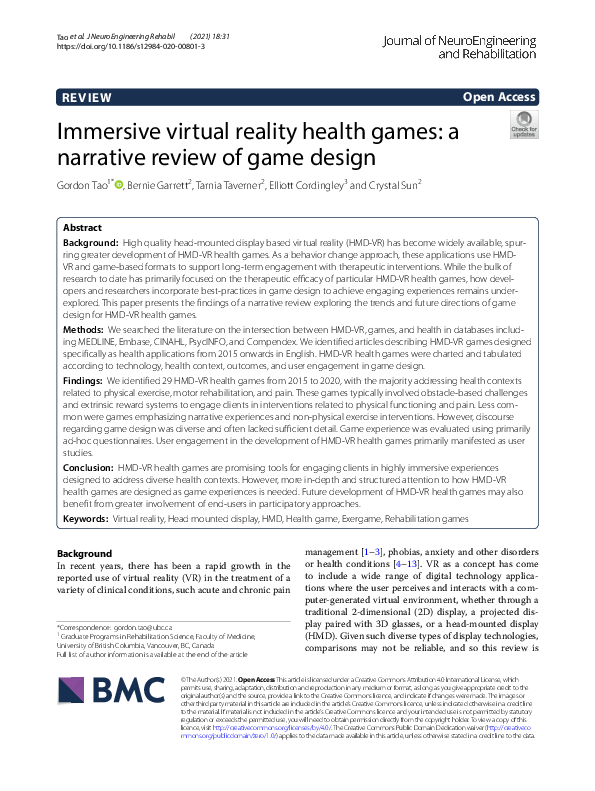 (PDF) Immersive virtual reality health games: a narrative review of game design
