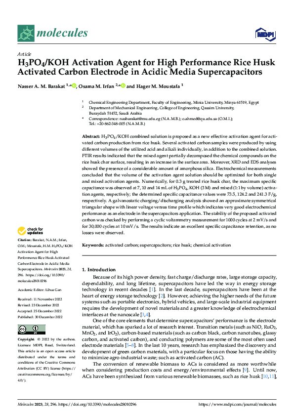 (PDF) H3PO4/KOH Activation Agent for High Performance Rice Husk Activated Carbon Electrode in ...