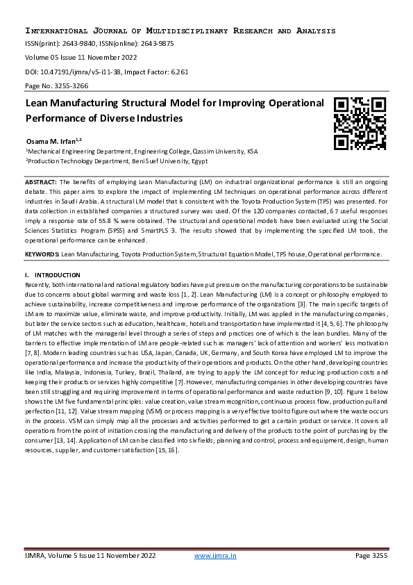 (PDF) Lean Manufacturing Structural Model for Improving Operational Performance of Diverse ...