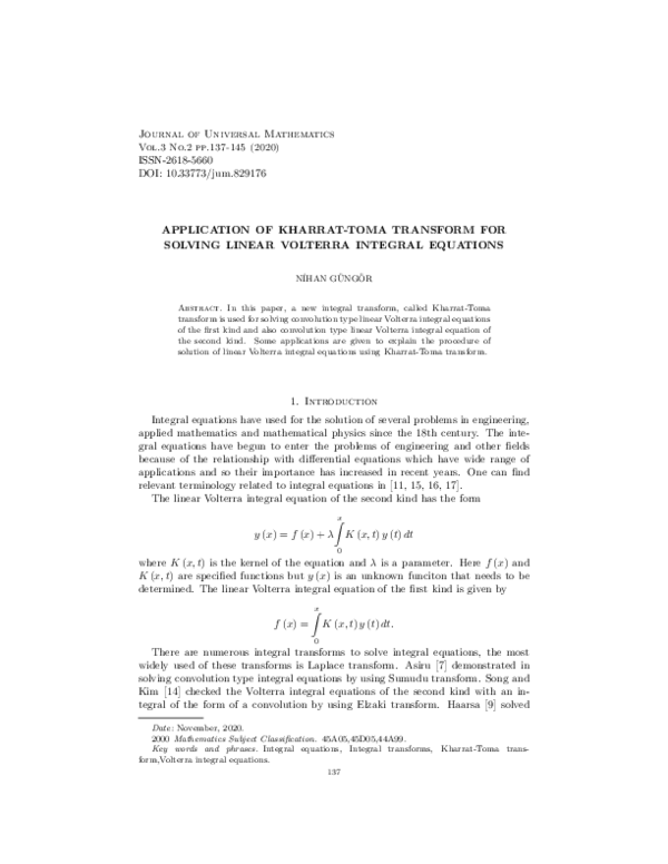 Pdf Application Of Kharrat Toma Transform For Solving Linear Volterra Integral Equations