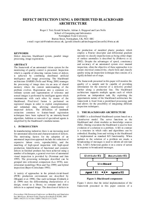 Pdf Defect Detection Using A Distributed Blackboard Architecture Adrian Hopgood