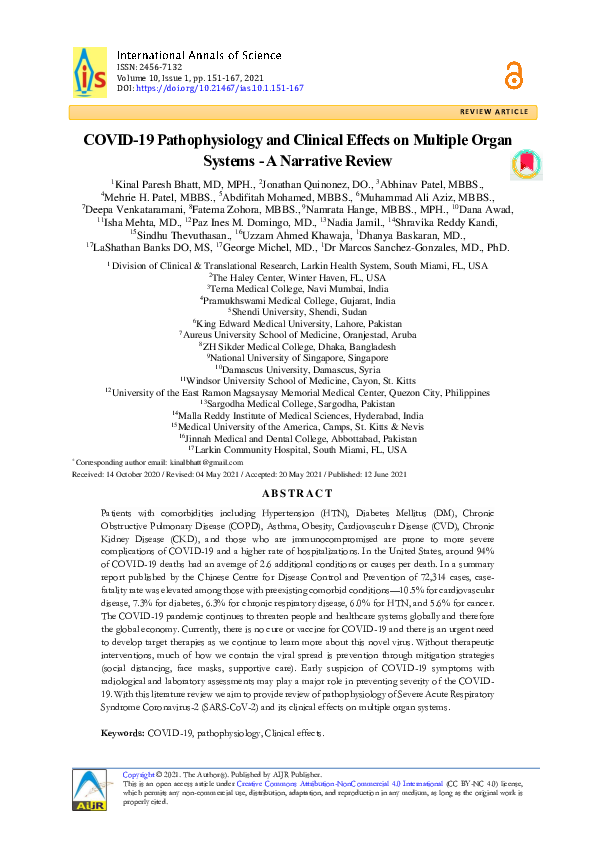 (PDF) COVID-19 Pathophysiology and Clinical Effects on Multiple Organ ...
