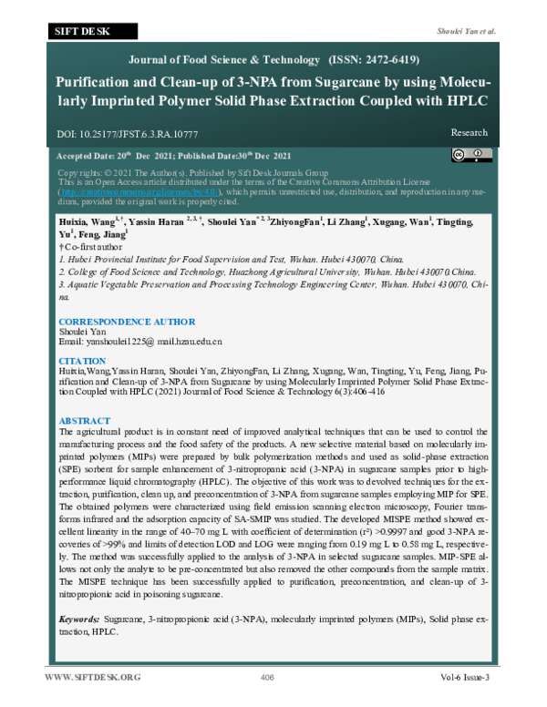 (PDF) Purification and Clean-up of 3-NPA from Sugarcane by using Molecularly Imprinted Polymer ...