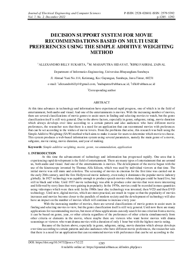Pdf Decision Support System For Movie Recommendations Based On Multi User Preferences Using