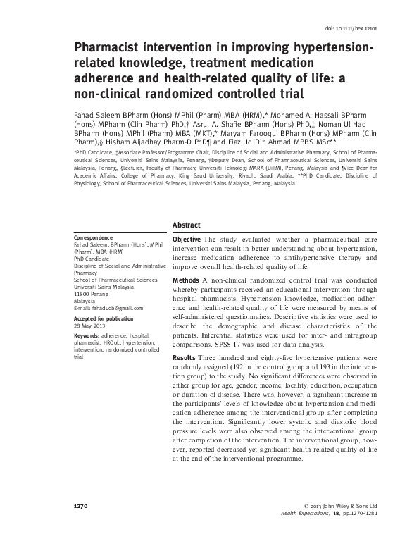 (PDF) Pharmacist intervention in improving hypertension-related ...