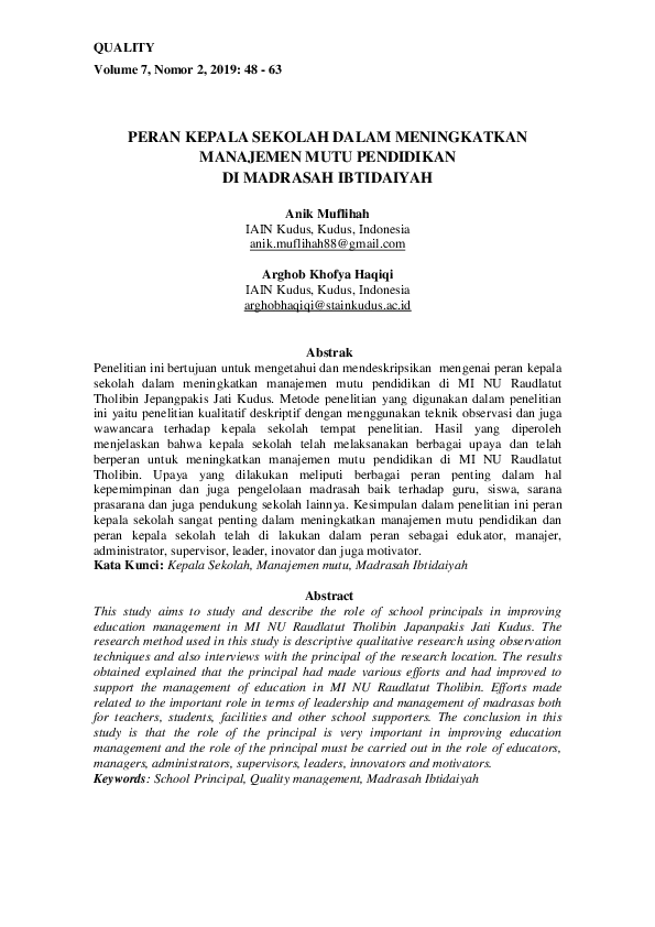 (PDF) Peran Kepala Sekolah Dalam Meningkatkan Manajemen Mutu Pendidikan DI Madrasah Ibtidaiyah ...