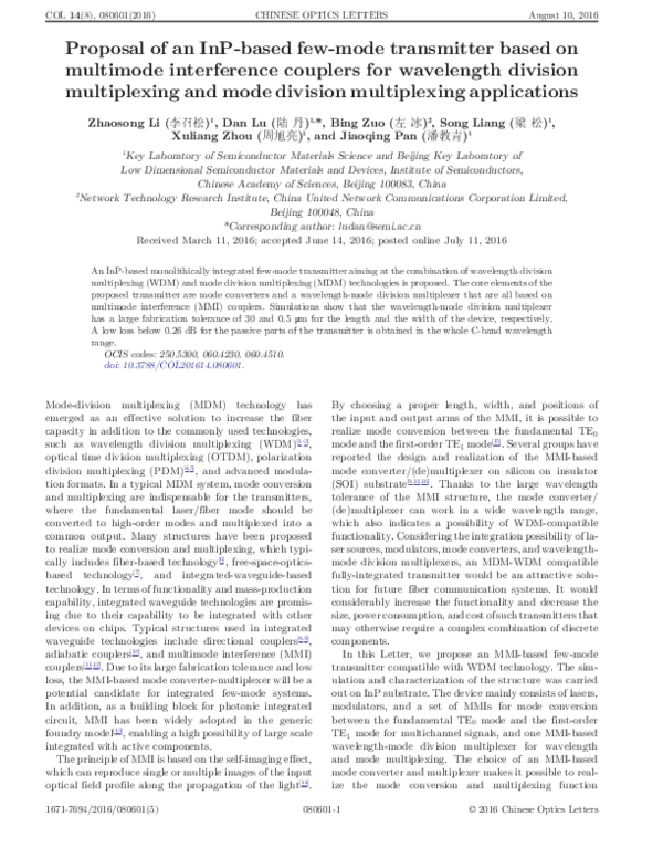 Pdf Proposal Of An Inp Based Few Mode Transmitter Based On Multimode Interference Couplers For