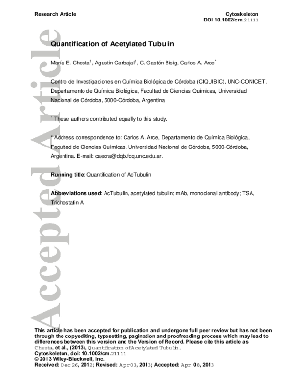 Pdf Quantification Of Acetylated Tubulin