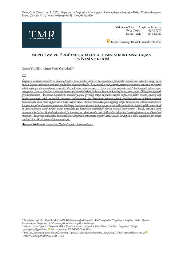 (PDF) Nepotizm ve Örgütsel Adalet Algısının Kurumsallaşma Seviyesine Etkisi