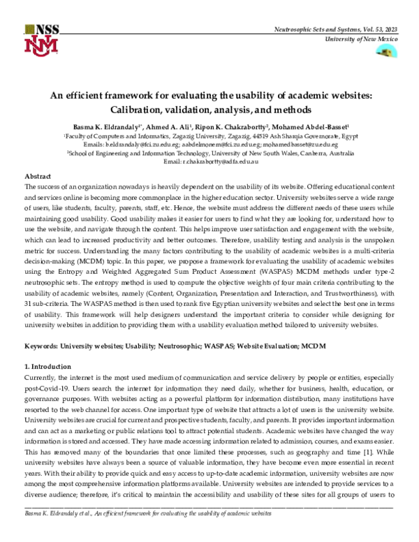 An Efficient Framework For Evaluating The Usability Of Academic Websites Calibration