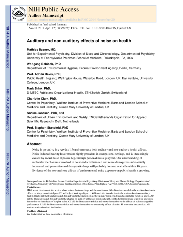(PDF) Auditory and non-auditory effects of noise on health