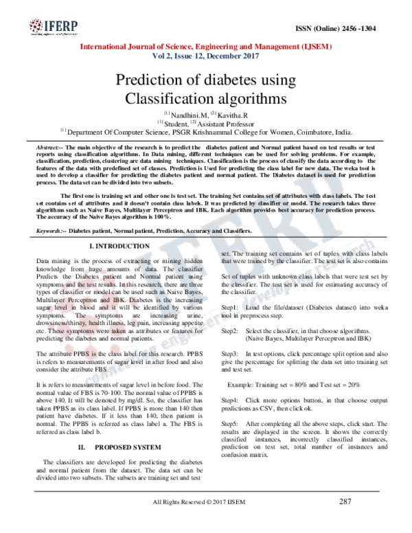 (PDF) Prediction of Diabetes using Classification Algorithms