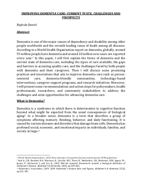 (PDF) IMPROVING DEMENTIA CARE: CURRENT STATE, CHALLENGES AND PROSPECTS