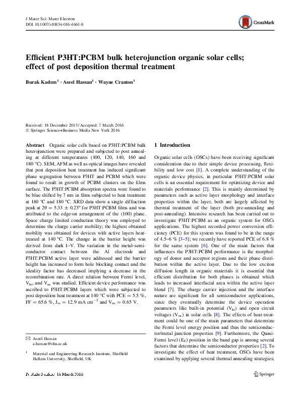 (PDF) Efficient P3HT:PCBM bulk heterojunction organic solar cells; effect of post deposition ...
