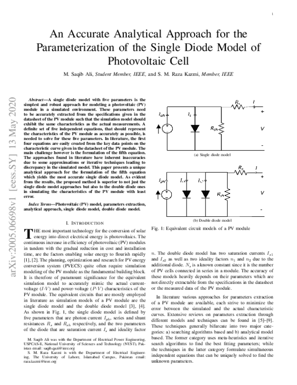 (PDF) An Accurate Analytical Approach for the Parameterization of the Single Diode Model of ...