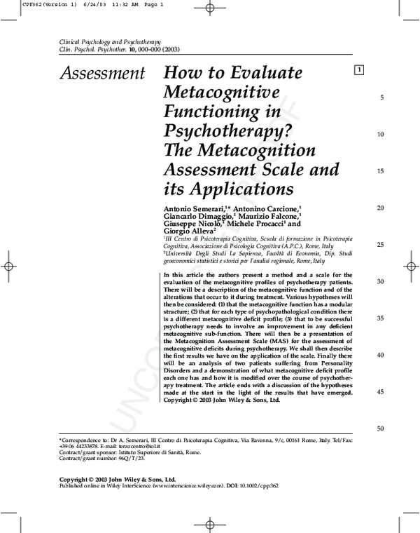 (PDF) How to evaluate metacognitive functioning in psychotherapy? The metacognition assessment ...