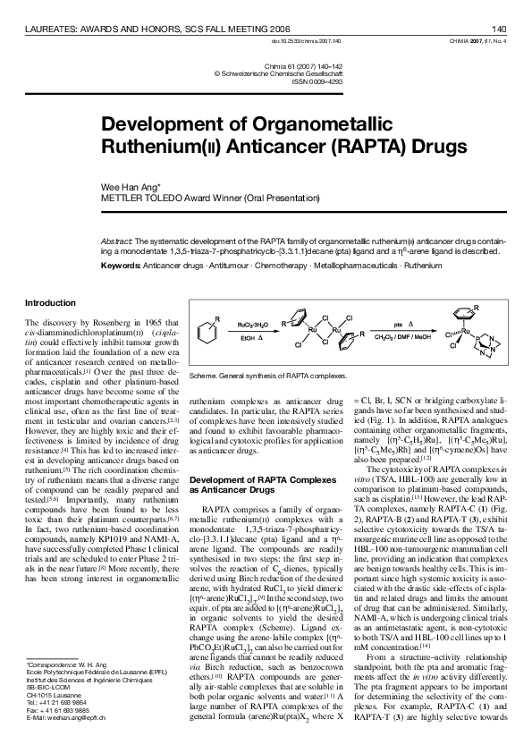 (PDF) Development of Organometallic Ruthenium(II) Anticancer (RAPTA) Drugs