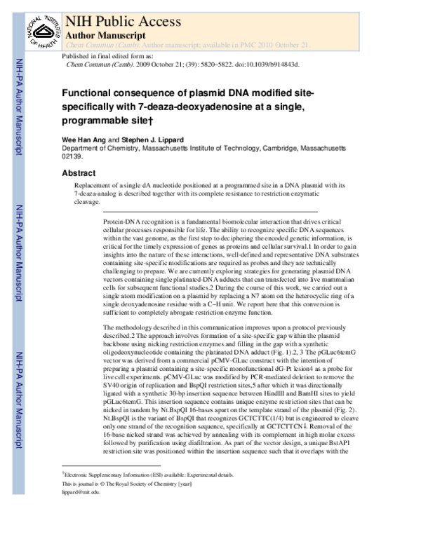 (PDF) Functional consequence of plasmid DNA modified site-specifically ...