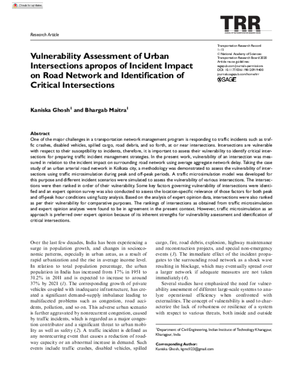 (PDF) Vulnerability Assessment of Urban Intersections apropos of ...