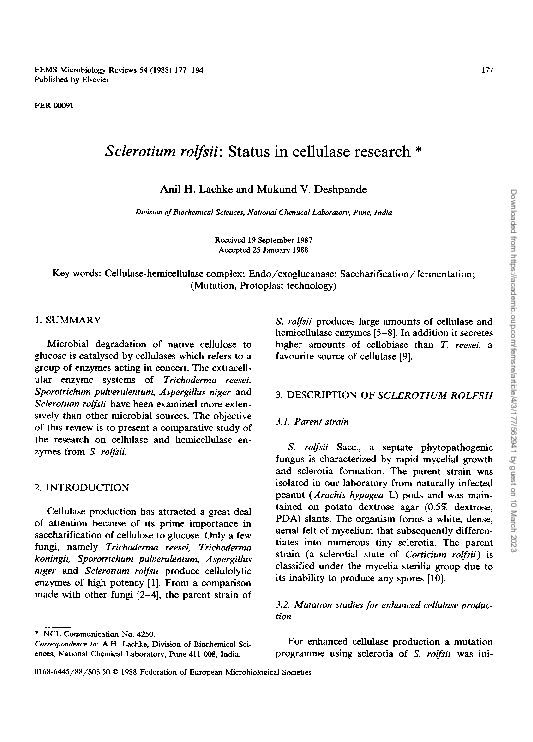 (PDF) Sclerotium rolfsii: Status in cellulase research