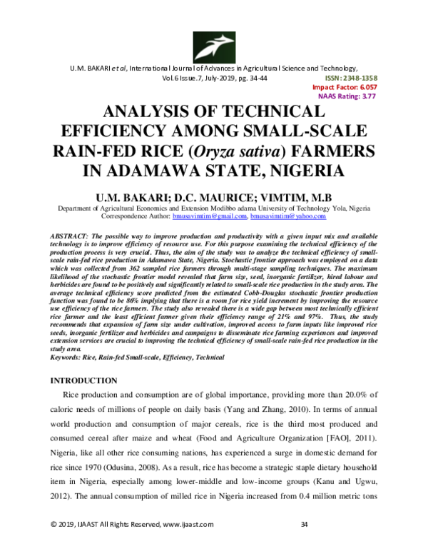 (PDF) ANALYSIS OF TECHNICAL EFFICIENCY AMONG SMALL-SCALE RAIN-FED RICE (Oryza sativa) FARMERS IN ...