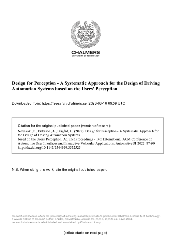 Pdf Design For Perception A Systematic Approach For The Design Of Driving Automation Systems