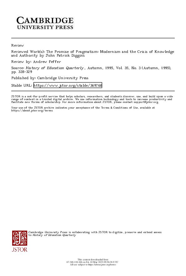 (PDF) Review of John P. Diggins The Promise of Pragmatism