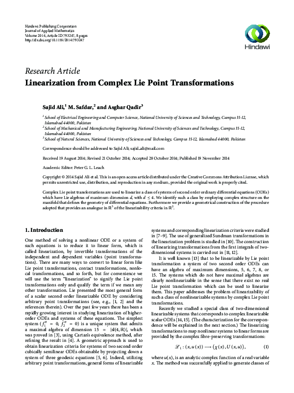 (PDF) Linearization from Complex Lie Point Transformations