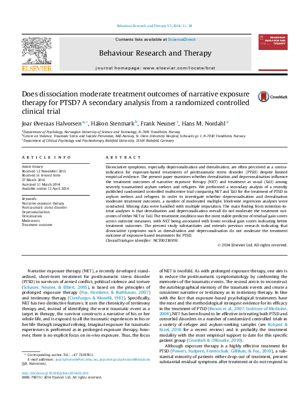 (PDF) Does dissociation moderate treatment outcomes of narrative exposure therapy for PTSD? A ...
