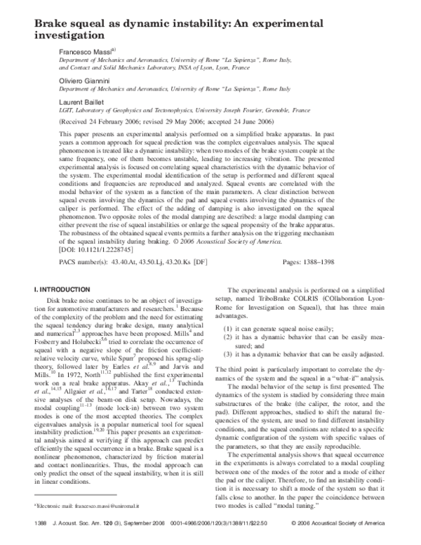 (PDF) Brake squeal as dynamic instability: An experimental investigation