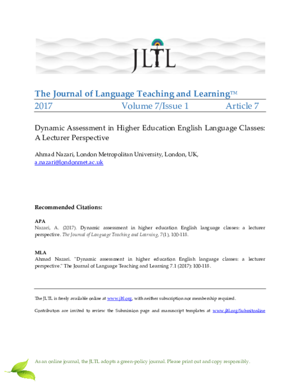 (PDF) Dynamic Assessment in Higher Education English Language Classes ...