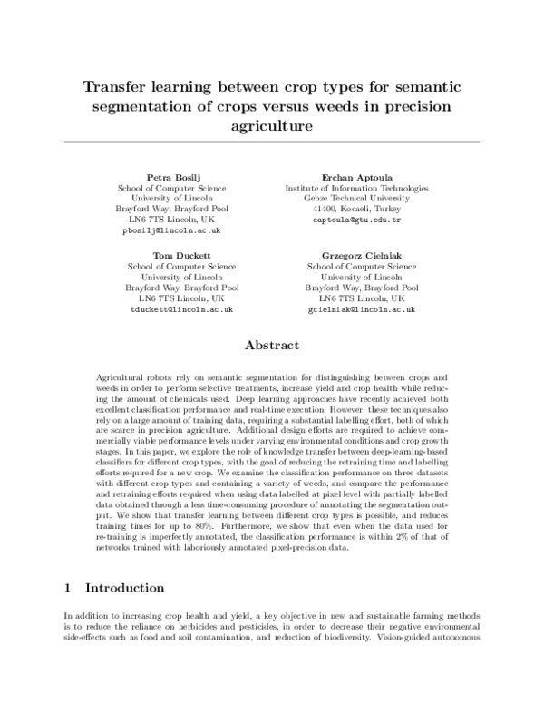 Pdf Transfer Learning Between Crop Types For Semantic Segmentation Of Crops Versus Weeds In