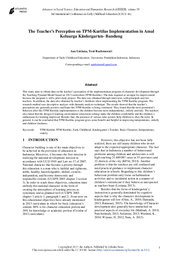 (PDF) The Teacher's Perception on TPM-Kurtilas Implementation in Amal Keluarga Kindergarten ...