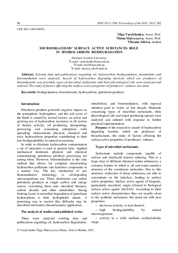 (PDF) Microorganisms’ Surface Active Substances Role in Hydrocarbons ...