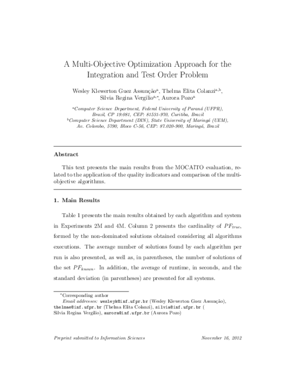 Pdf A Multi Objective Optimization Approach For The Integration And Test Order Problem