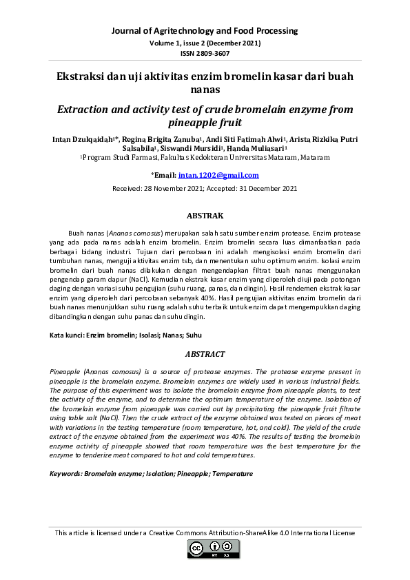 (PDF) Ekstraksi dan Uji Aktivitas Enzim Bromelin Kasar dari Buah Nanas ...