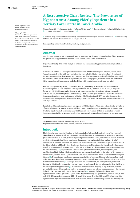 (PDF) A Retrospective Chart Review: The Prevalence of Hyponatremia Among Elderly Inpatients in a ...