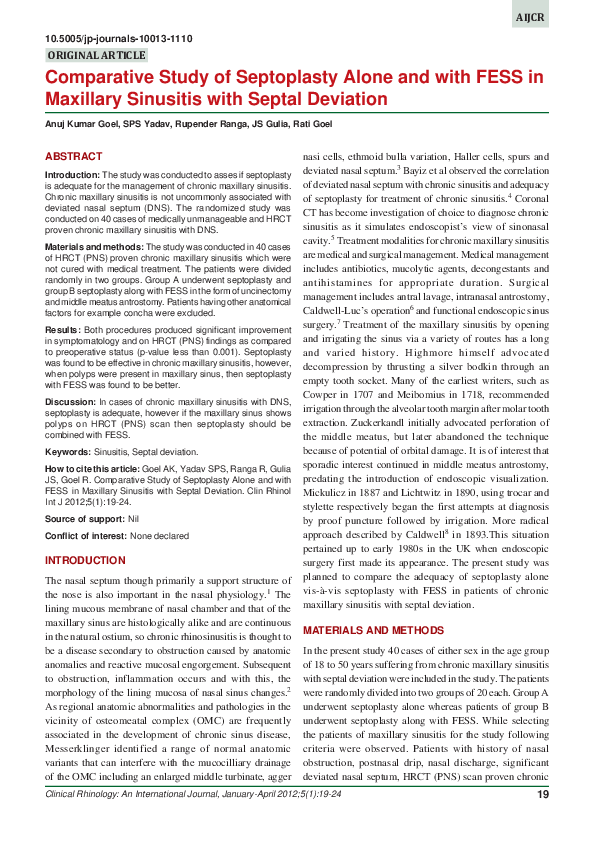 (PDF) Comparative Study of Septoplasty Alone and with FESS in Maxillary ...