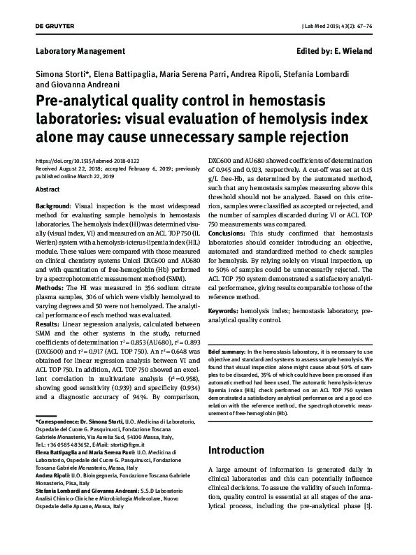 (PDF) Pre-analytical quality control in hemostasis laboratories: visual ...