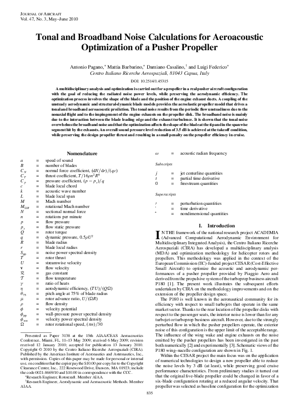 (PDF) Tonal and Broadband Noise Calculations for Aeroacoustic Optimization of a Pusher Propeller