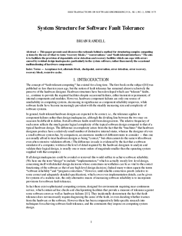 (PDF) System structure for software fault tolerance